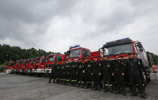 Polish Firefighters Stand Line Next Trucks Editorial Stock Photo ...
