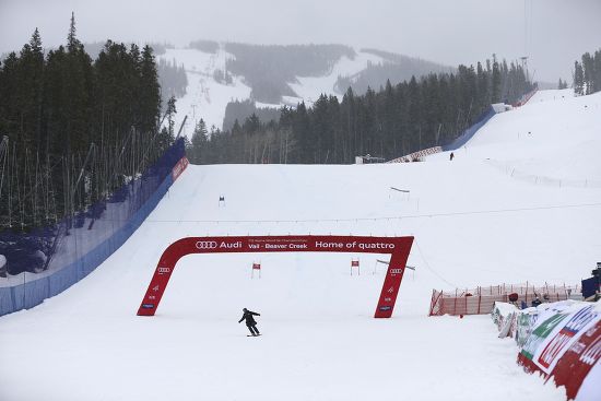 Worker Skis Across Finish Line Red Editorial Stock Photo - Stock Image ...