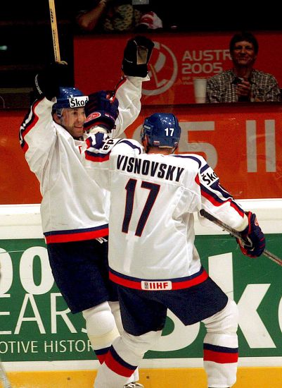 Slovakian Player Lubomir Visnovsky R Celebrates Editorial Stock Photo ...