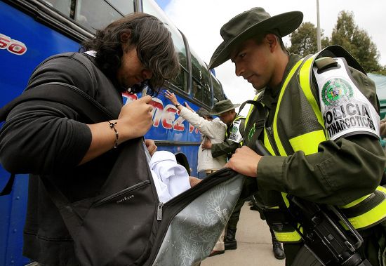 Colombian Policeman Checks Womans Bag Bogota Editorial Stock Photo ...