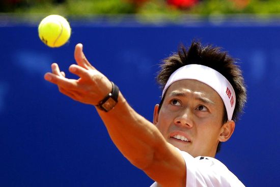 Japans Kei Nishikori Serves Ball Latvias Editorial Stock Photo - Stock ...