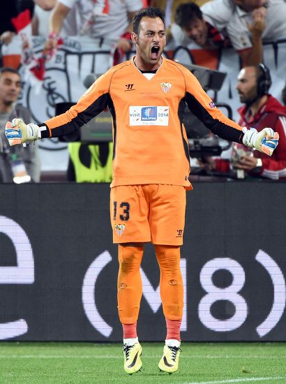Sevillas Goalkeeper Beto Reacts During Uefa Editorial Stock Photo ...