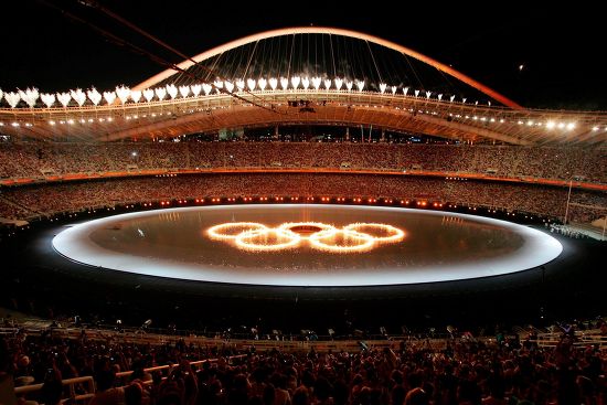 Olympic Rings On Fire Seen Olympic Editorial Stock Photo - Stock Image ...