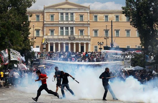 Demonstrators Clash Riot Police Front Greek Editorial Stock Photo ...