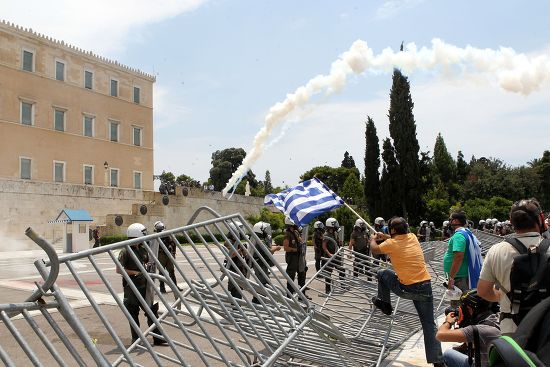 Demonstrator Waving Greek Flag Tries Overcome Editorial Stock Photo ...