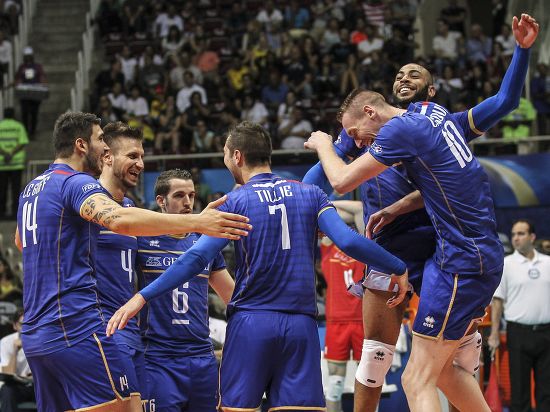 French Volleyball Players Celebrate After Defeating Editorial Stock ...