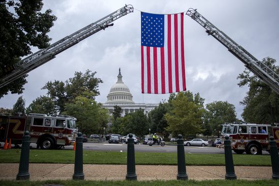 American Flag Suspended Fire Department Ladder Editorial Stock Photo ...