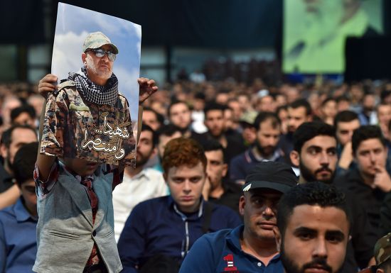 Supporters Hezbollah Carry Posters Hezbollah Military Editorial Stock ...