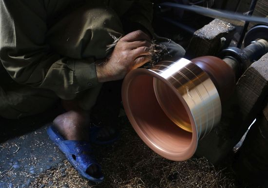 Kashmiri Coppersmith Works On Copper Utensils Editorial Stock Photo ...