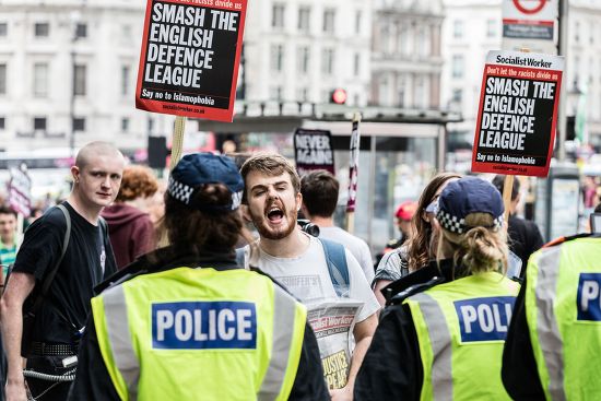 Counter Protestor Shouts Through Police Barrier Editorial Stock Photo ...