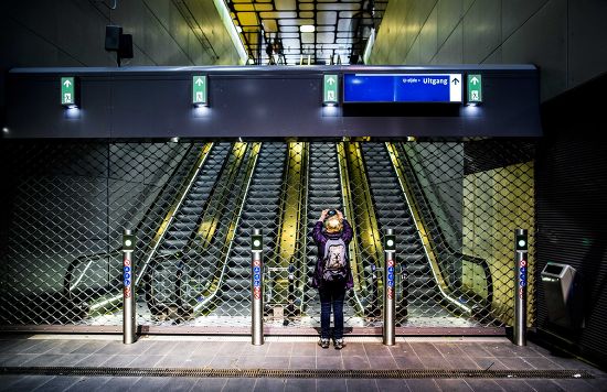 Visitor Takes Photos Escalators Behind Rolled Editorial Stock Photo ...