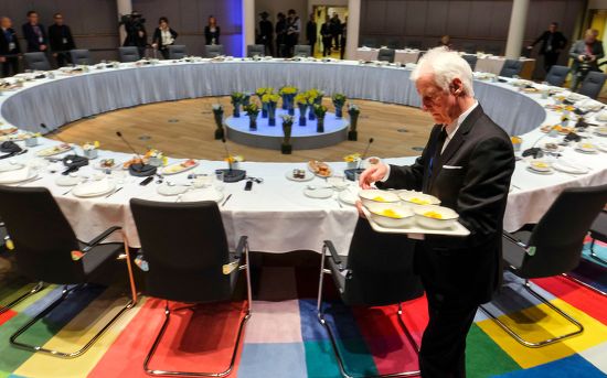 Waiter Sets Table Breakfast Leaders During Editorial Stock Photo ...