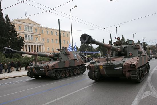 Greek Army Tanks Drive Past Greek Editorial Stock Photo - Stock Image ...