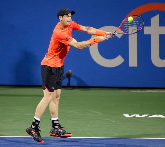 Andy Murray Stretches Backhand Shot During Editorial Stock Photo ...