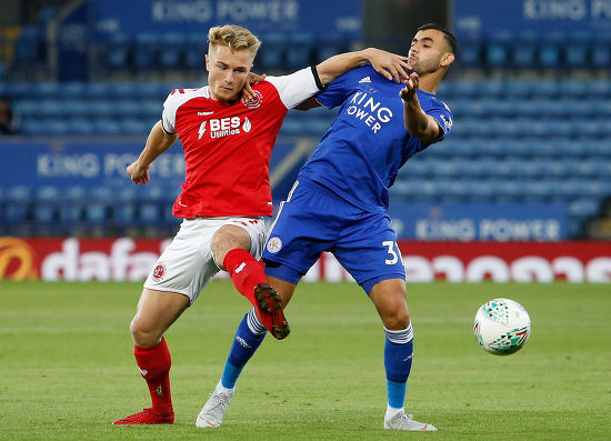 Fleetwood Towns Kyle Dempsey Battles Leicester Editorial Stock Photo ...