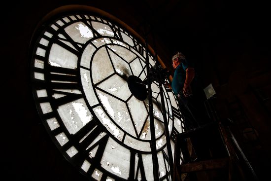 Employee Climbs Ladder Check Huge Clock Editorial Stock Photo - Stock ...