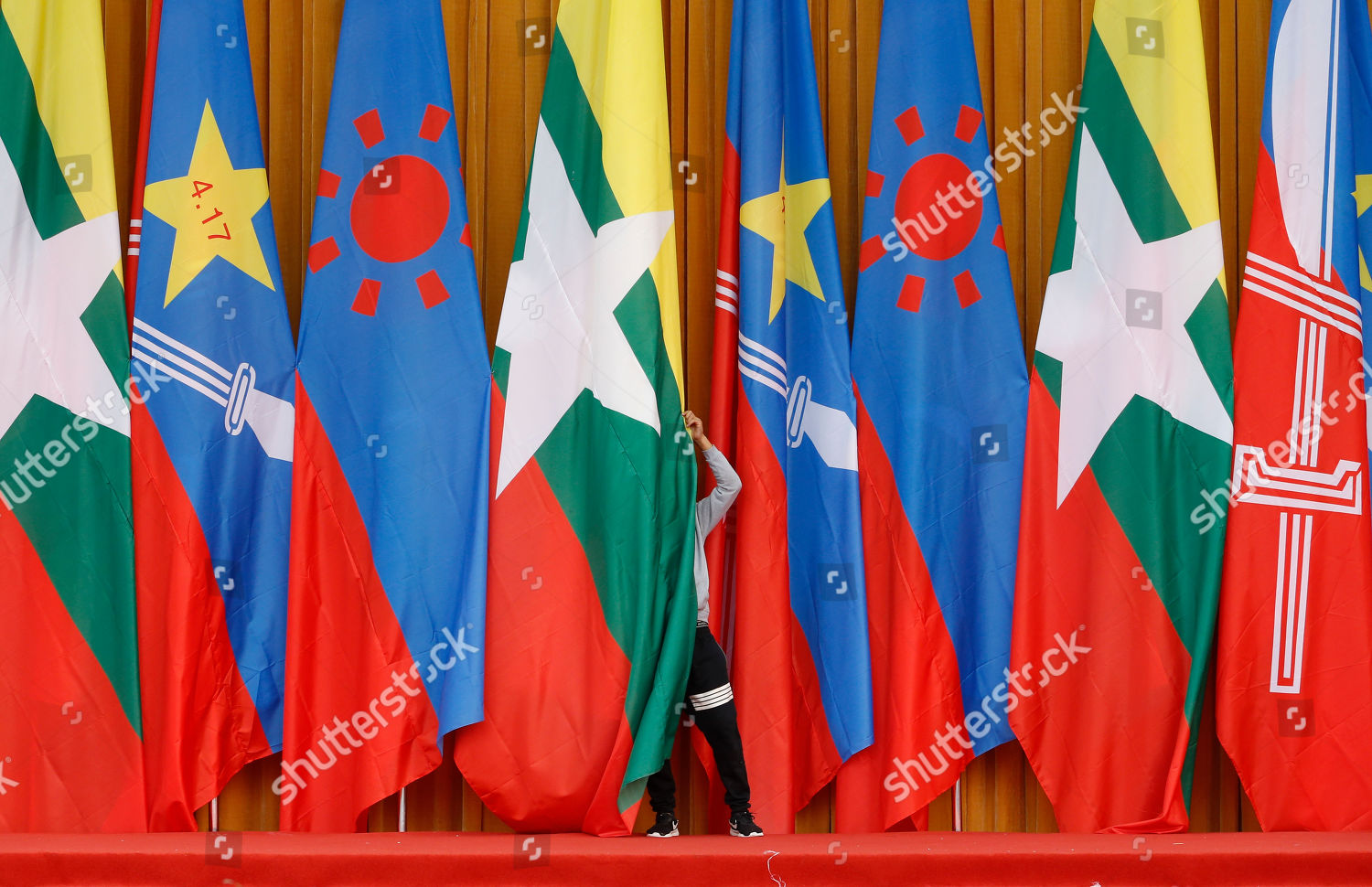 Man Arranges Flags On Stage Prepared Editorial Stock Photo - Stock ...