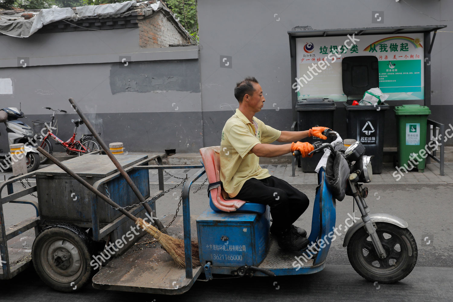 Chinese Cleaner Collects Garbage Bins On Editorial Stock Photo - Stock ...