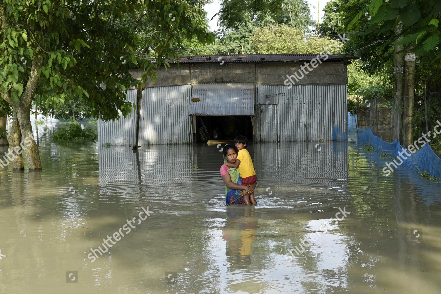 Woman Her Child Wading Through Flood Editorial Stock Photo - Stock ...