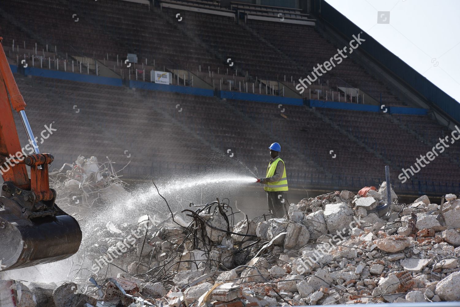 Worker Sprays Water Hose Demolition Continues Editorial Stock Photo ...