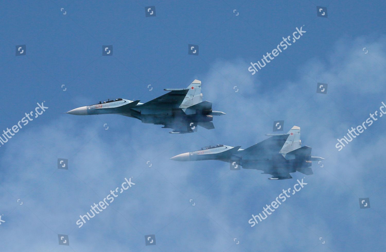 Russian Sukhoi Su34 Fighterbombers Fly Formation Editorial Stock Photo ...