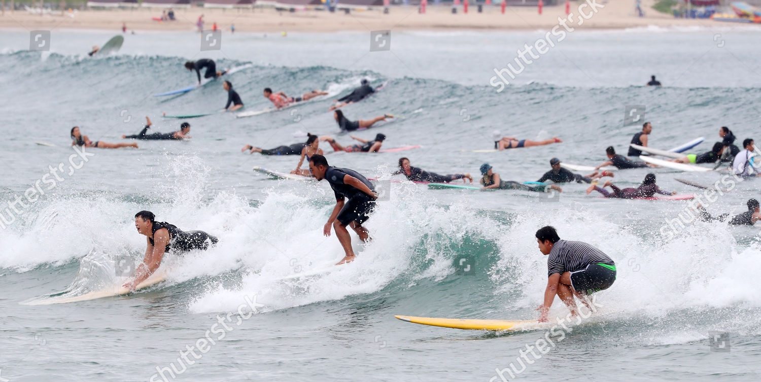 Surfers Enjoy Riding Waves Jukdo Beach Editorial Stock Photo - Stock ...