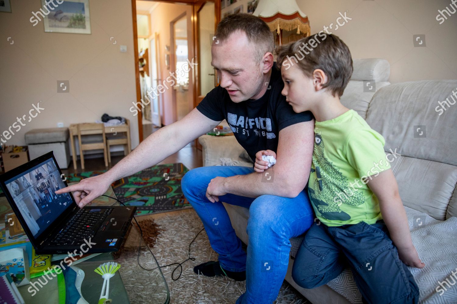 Man His Children Watch Online Broadcast Editorial Stock Photo - Stock ...
