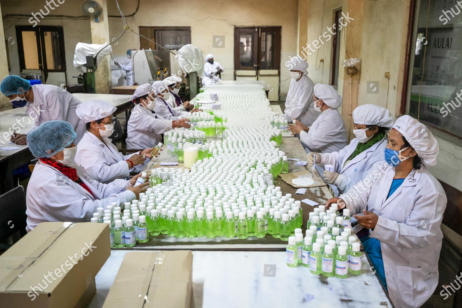 Workers Label Arrange Plastic Bottles Hand Editorial Stock Photo ...