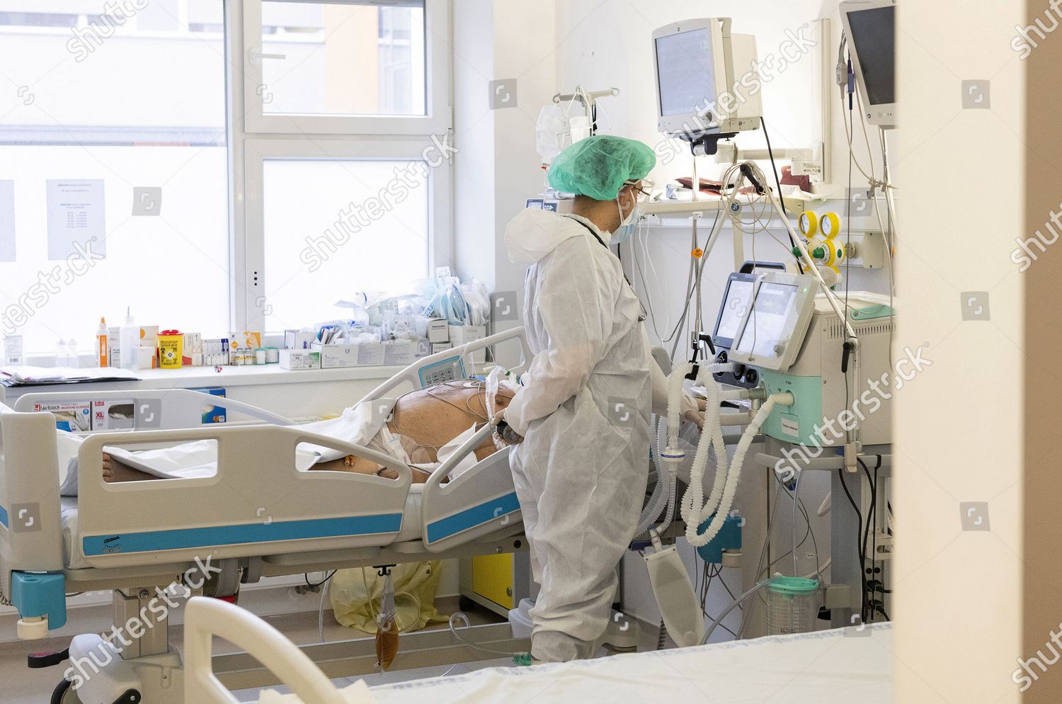 Doctor Observes Respirations Patient Intensive Care Editorial Stock ...