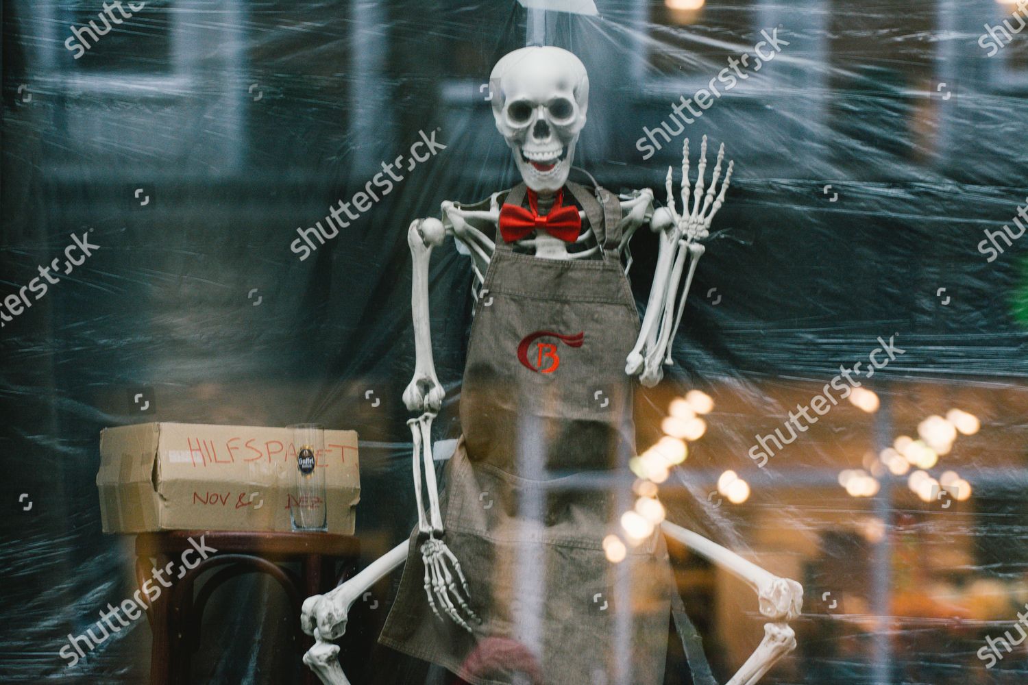 Skeleton Dressed Waiter Sits Protest Poster Editorial Stock Photo ...