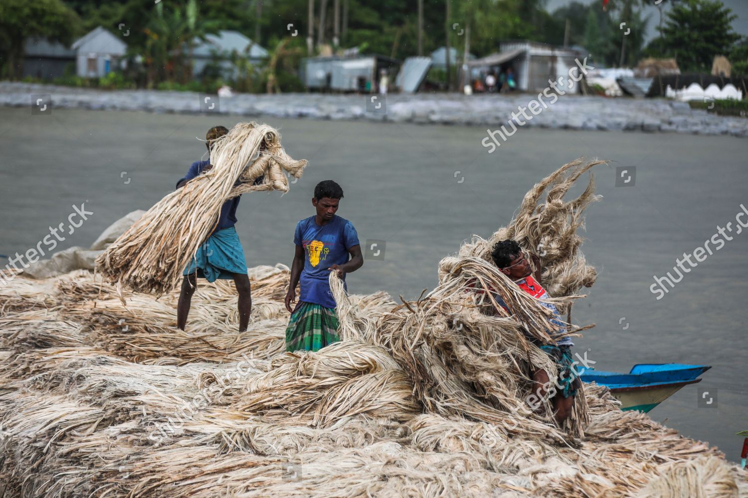 Workers Load Jute On Boat Bank Editorial Stock Photo - Stock Image ...