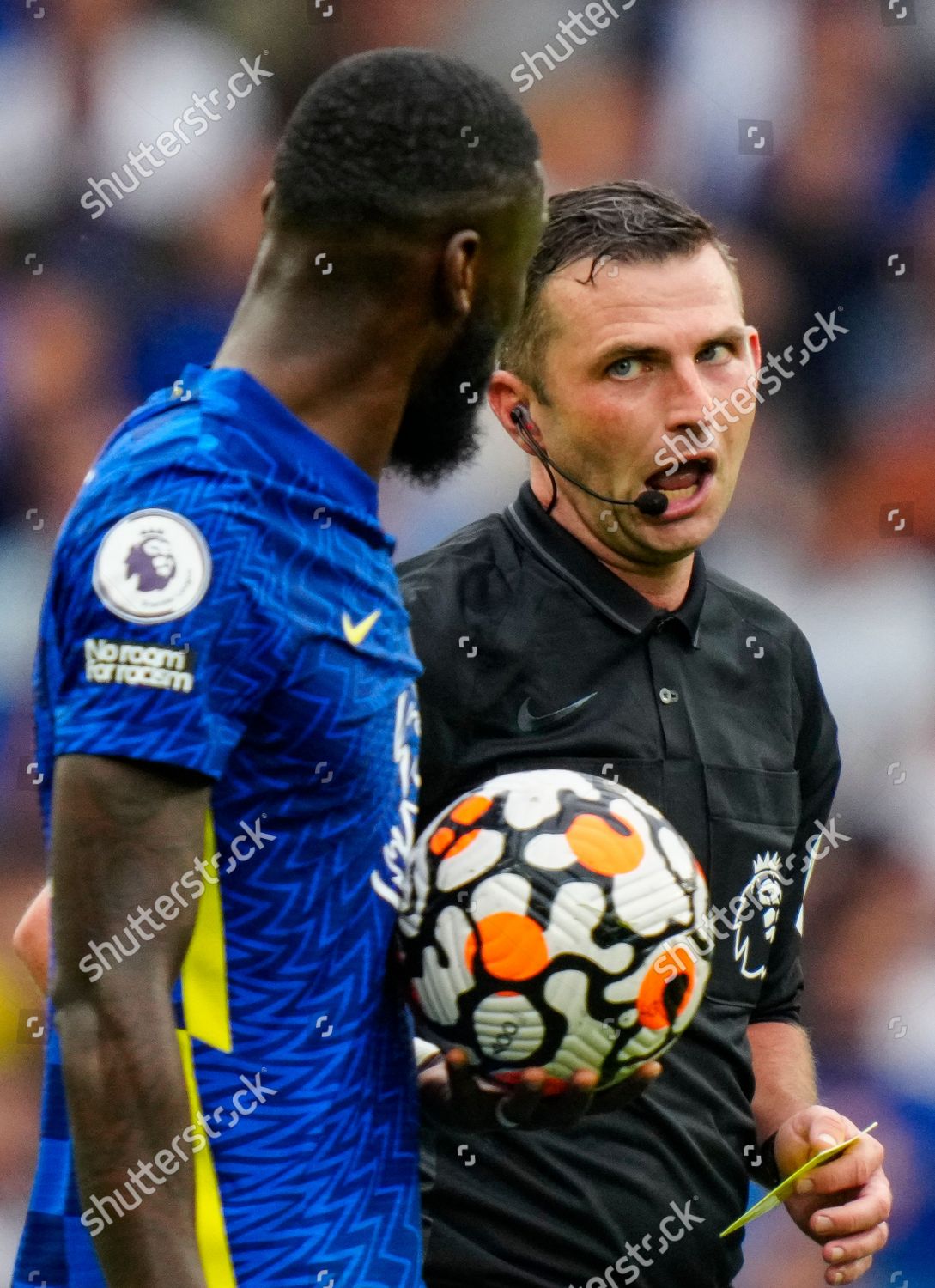 Referee Michael Oliver Presents Antonio Rudiger Editorial Stock Photo ...