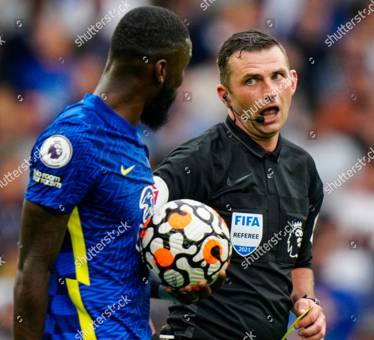 Referee Michael Oliver Presents Antonio Rudiger Editorial Stock Photo ...