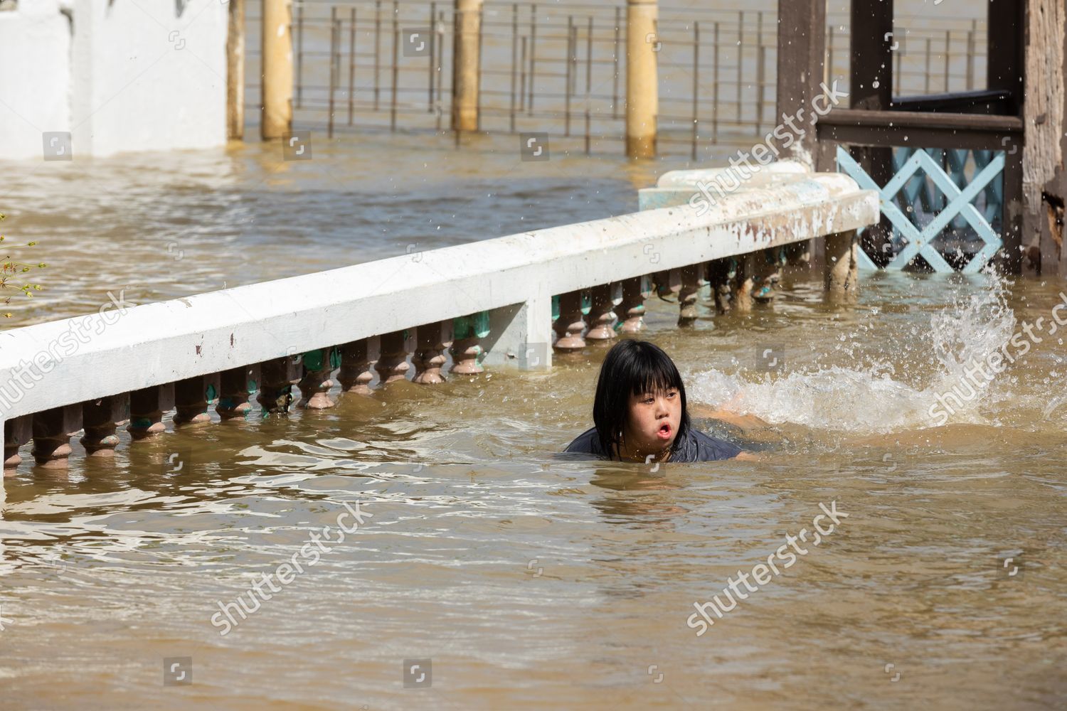 Kid Seen Swimming Floodwater Chao Phraya Editorial Stock Photo - Stock ...
