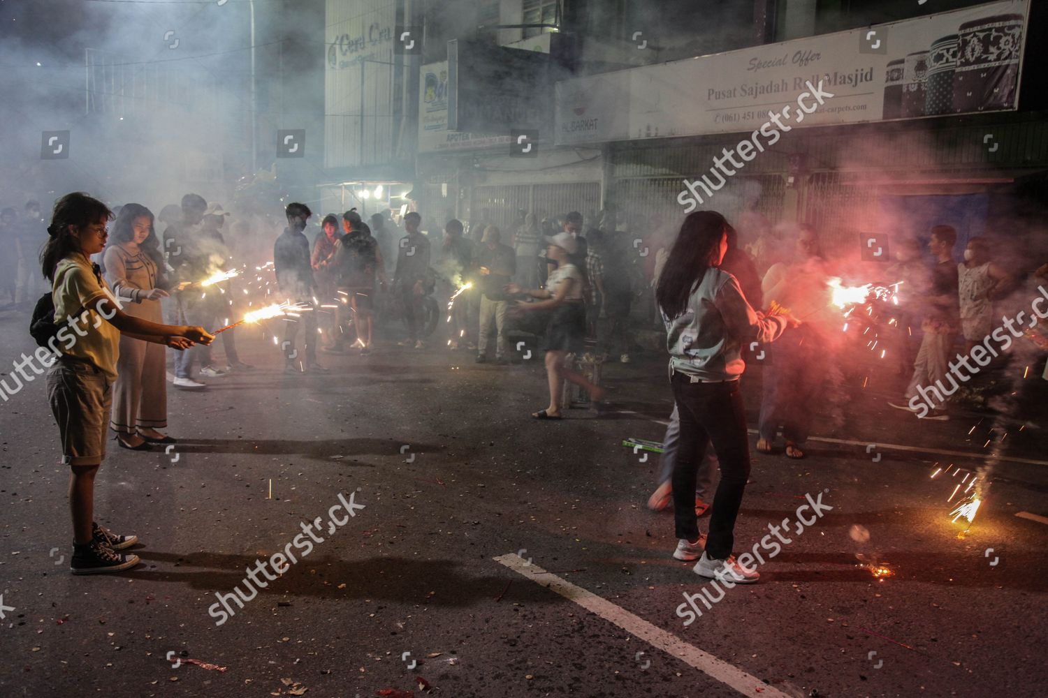 Crowds People Set Off Fireworks During Editorial Stock Photo - Stock ...