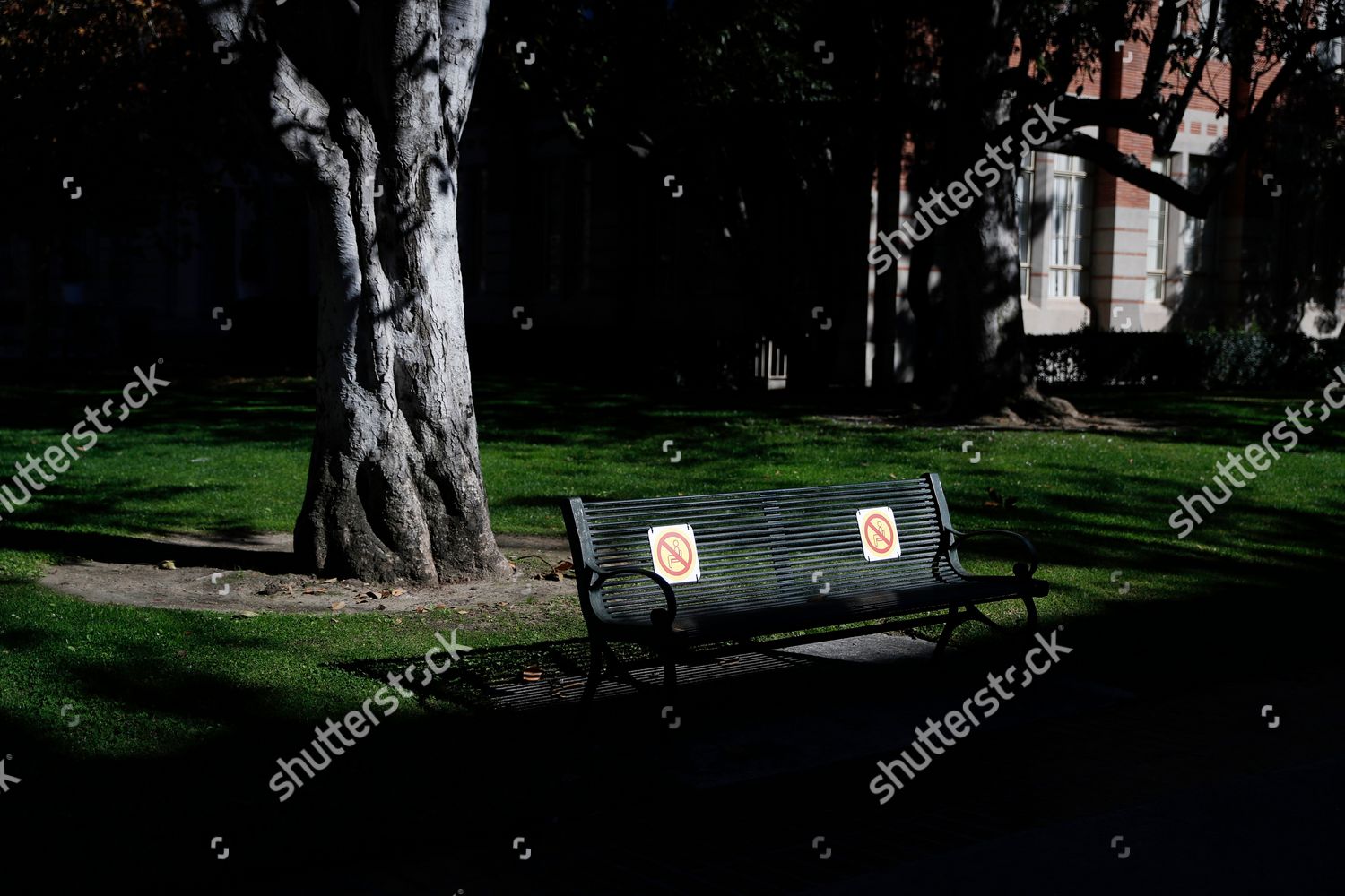 Empty Bench Labeled Signs Enforcing Social Editorial Stock Photo ...