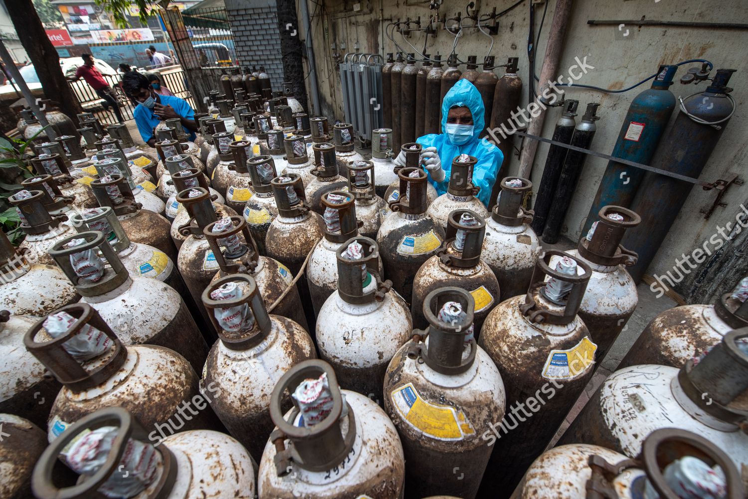 Worker Ppe Kit Keeps Oxygen Cylinders Editorial Stock Photo - Stock ...