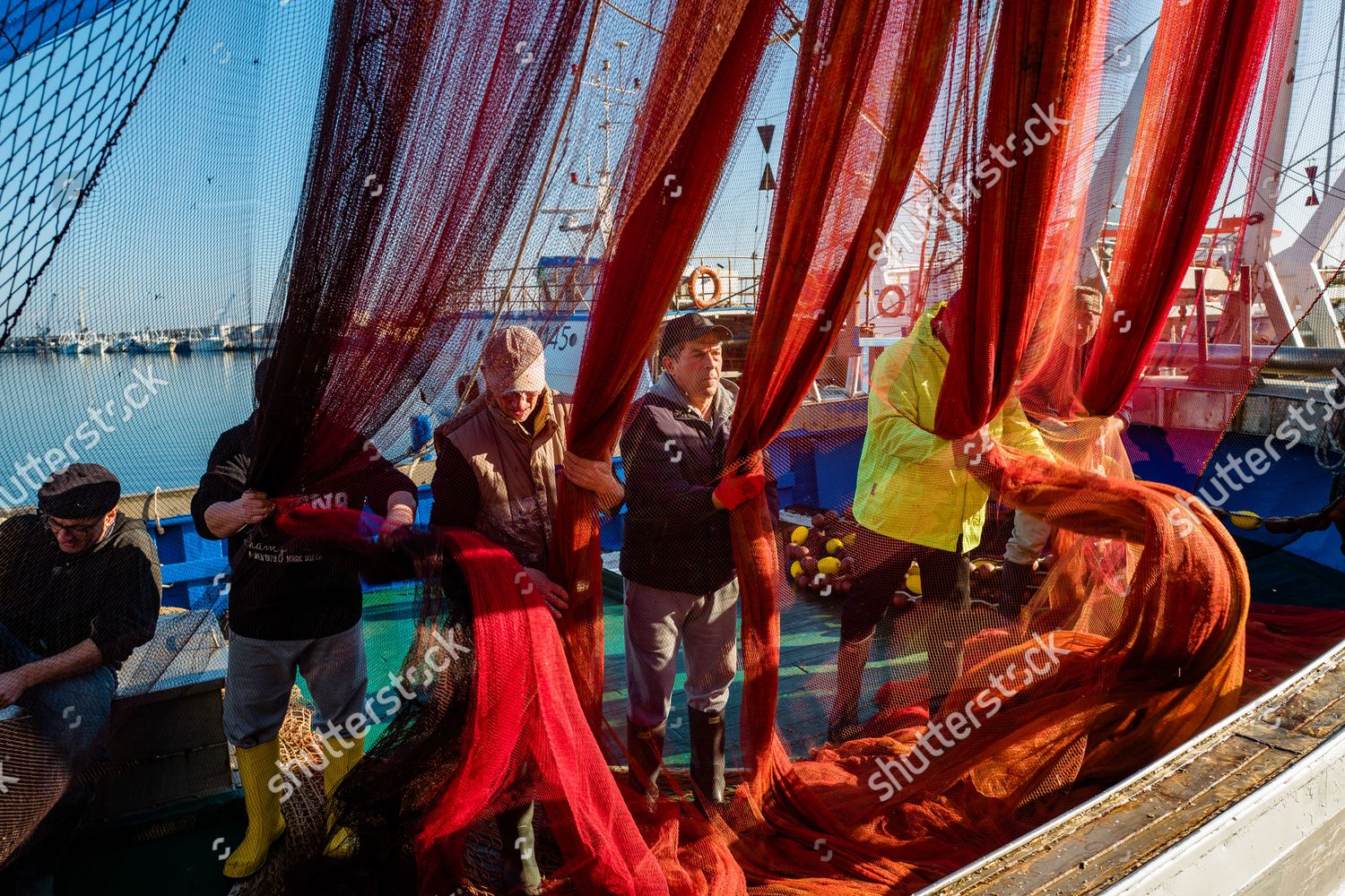 Sailors Fishing Boat Maintain Nets Port Editorial Stock Photo - Stock ...