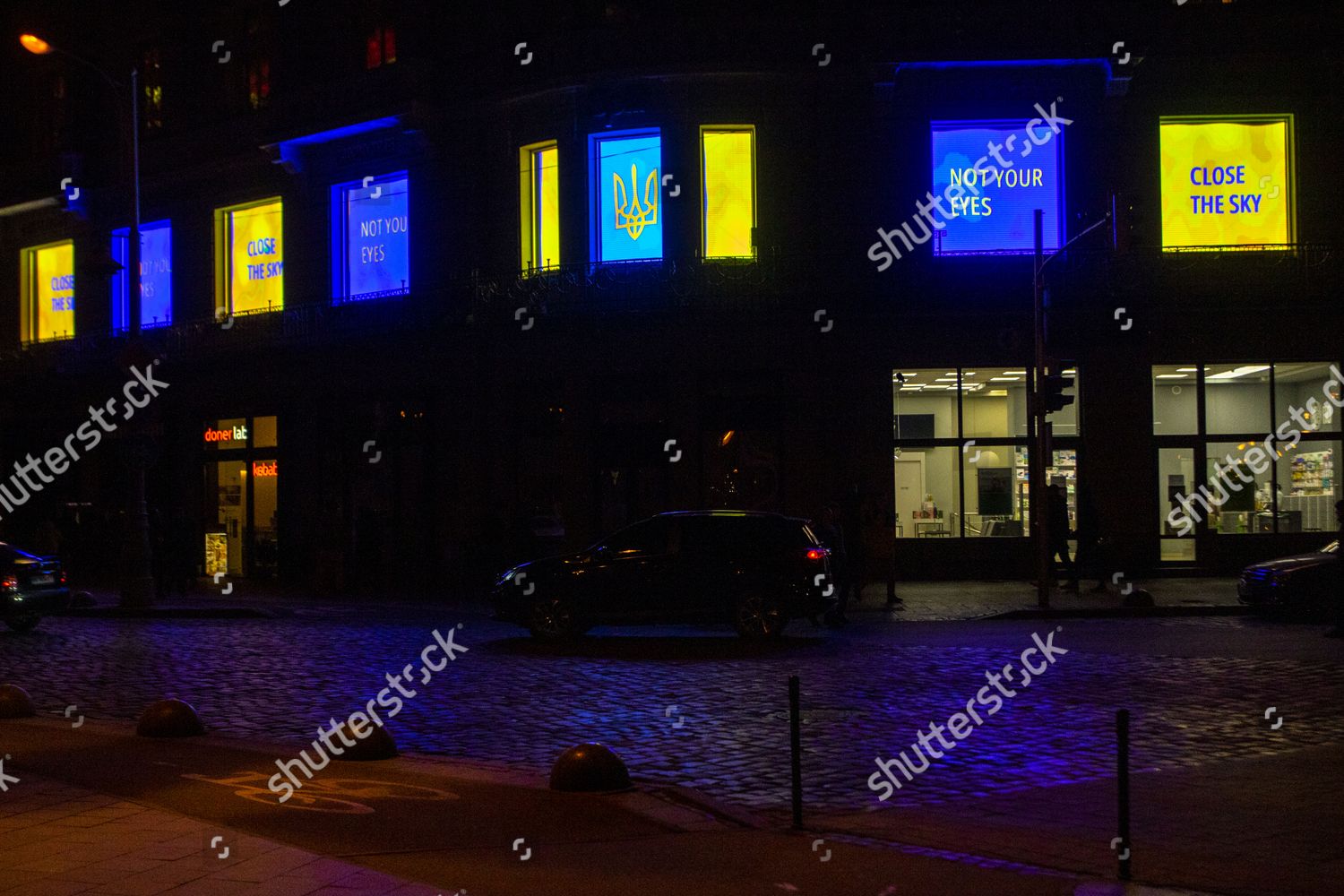 Signs On Windows Blue Yellow Read Editorial Stock Photo - Stock Image ...