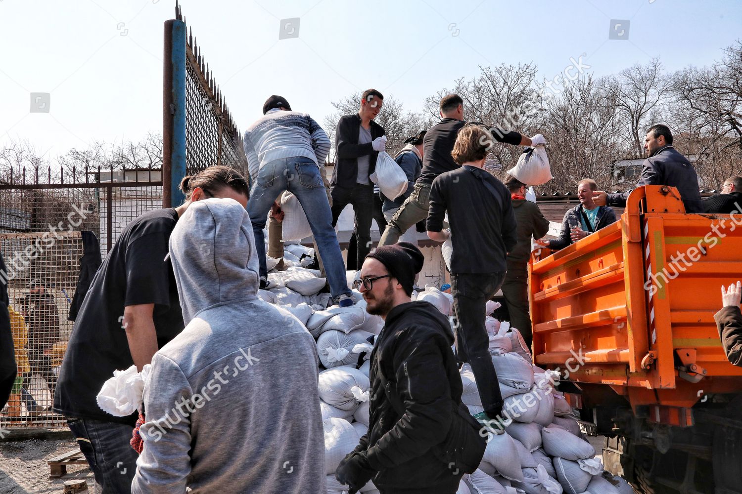Local Volunteers Pass Sandbags Hand Hand Editorial Stock Photo - Stock ...