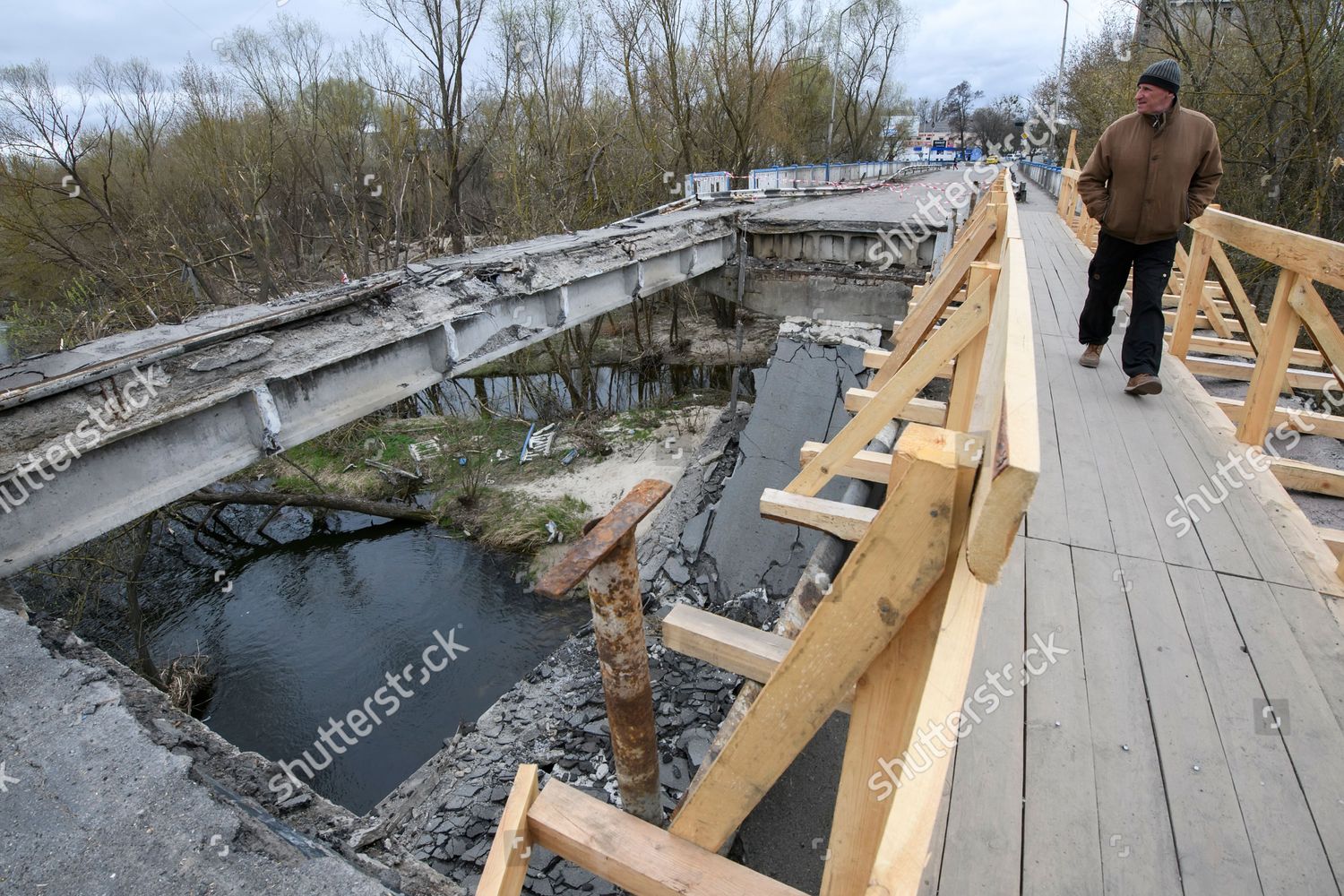 Man Crosses Temporary Wooden Bridge Built Editorial Stock Photo - Stock ...