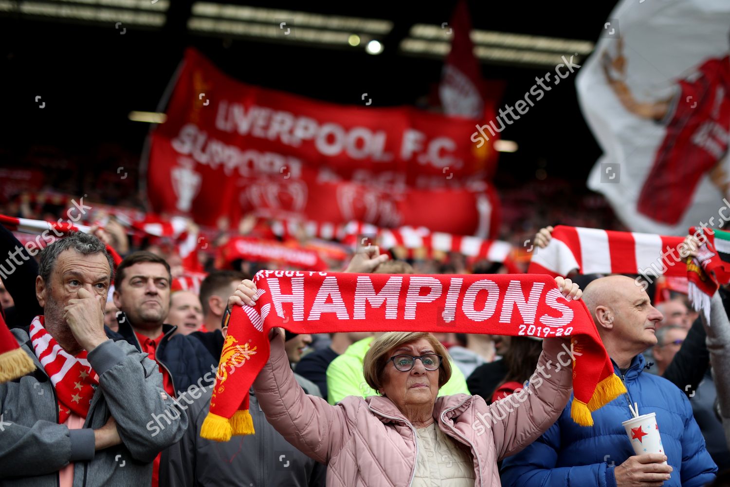 Liverpool Fans On Kop Scarves Flags Editorial Stock Photo - Stock Image ...