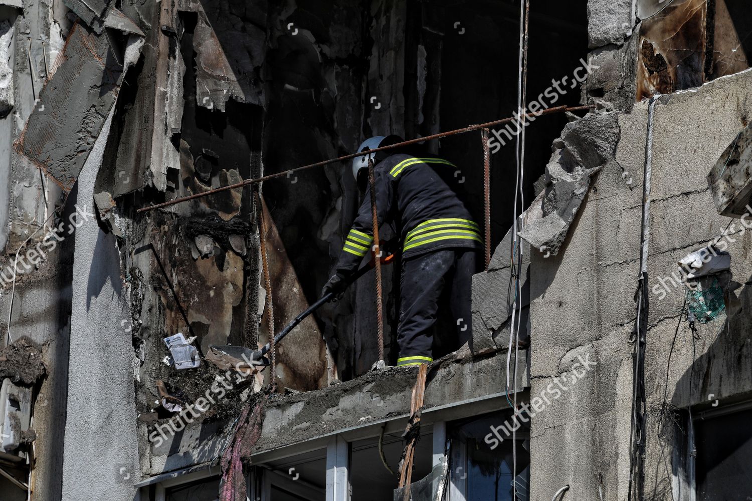 Rescuer Removes Rubble Apartment Block Damaged Editorial Stock Photo ...