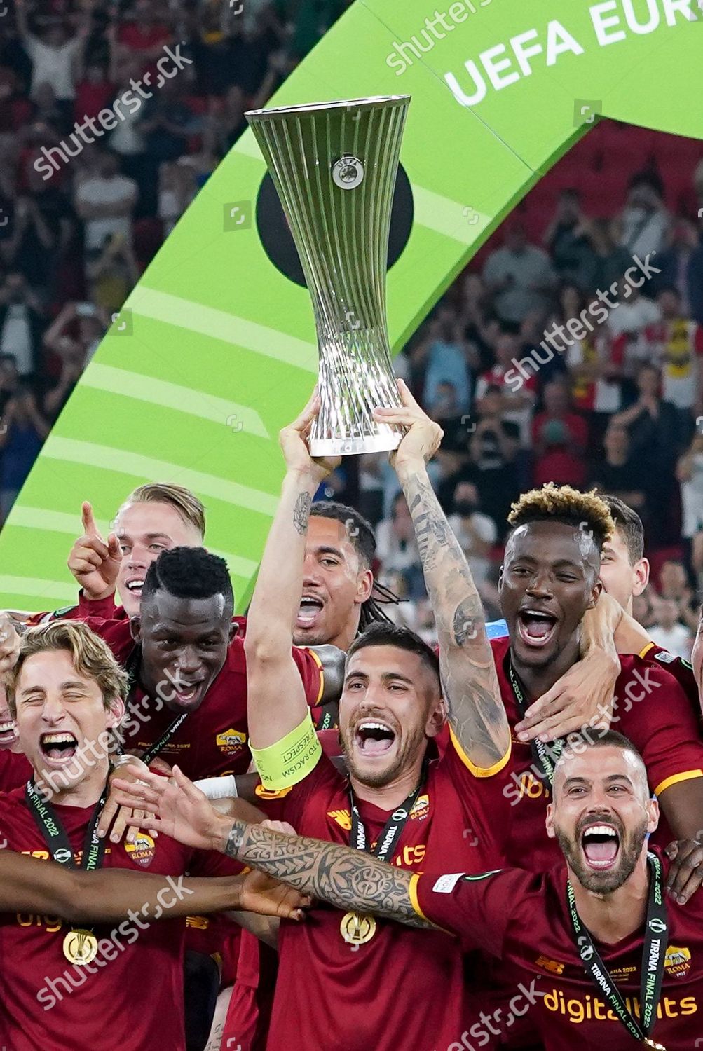 Lorenzo Pellegrini Roma Lifts Trophy During Editorial Stock Photo ...