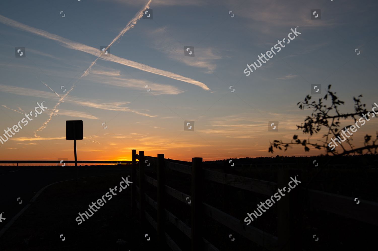 Aircraft Pollution Trails Sky Sun Sets Editorial Stock Photo - Stock ...