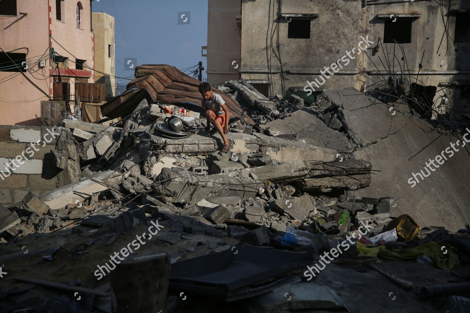 Palestinian Boy Inspects Damage Outside Residential Editorial Stock ...
