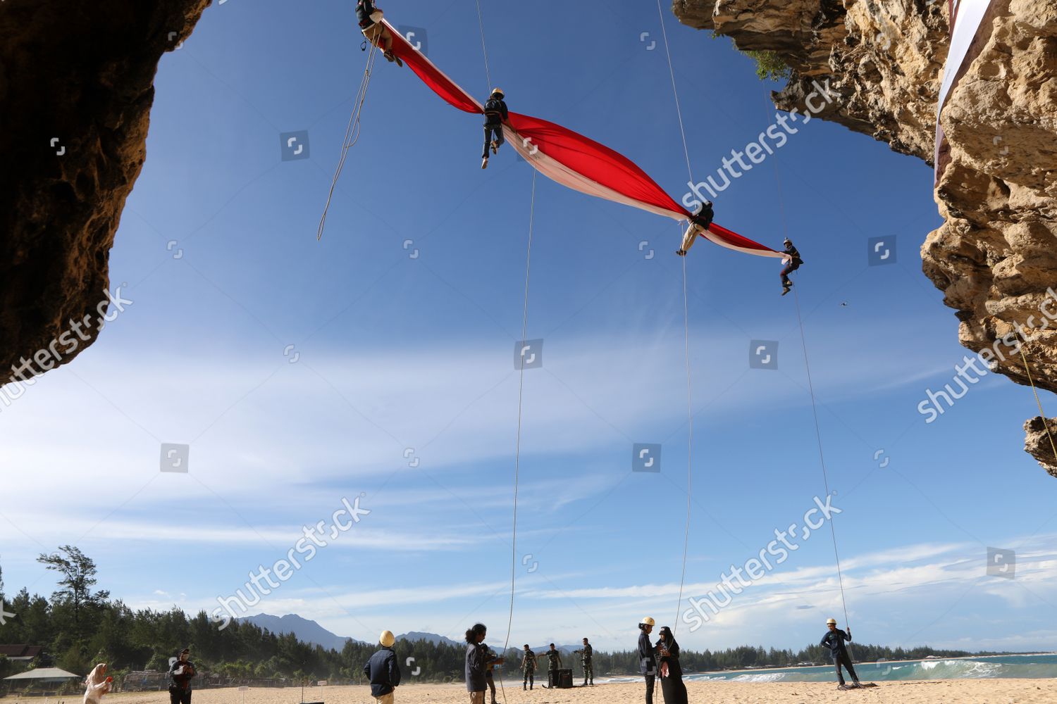 Rock Climbers Wave Giant Flag On Editorial Stock Photo - Stock Image ...