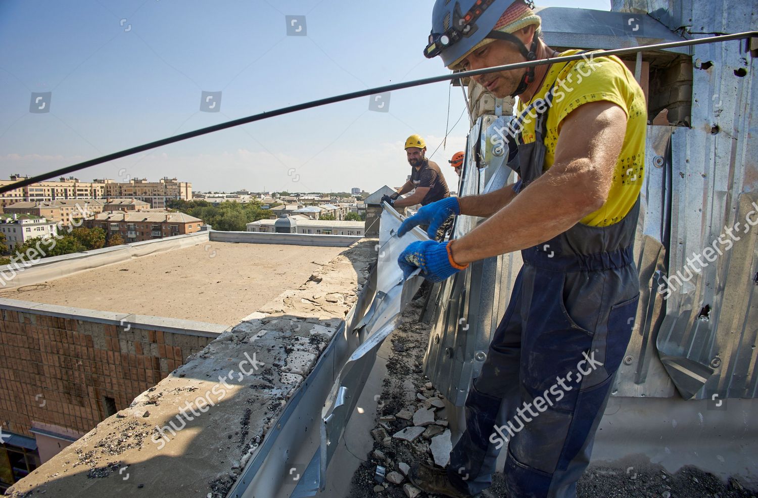 Communal Workers Clean Debris On Roof Editorial Stock Photo - Stock ...