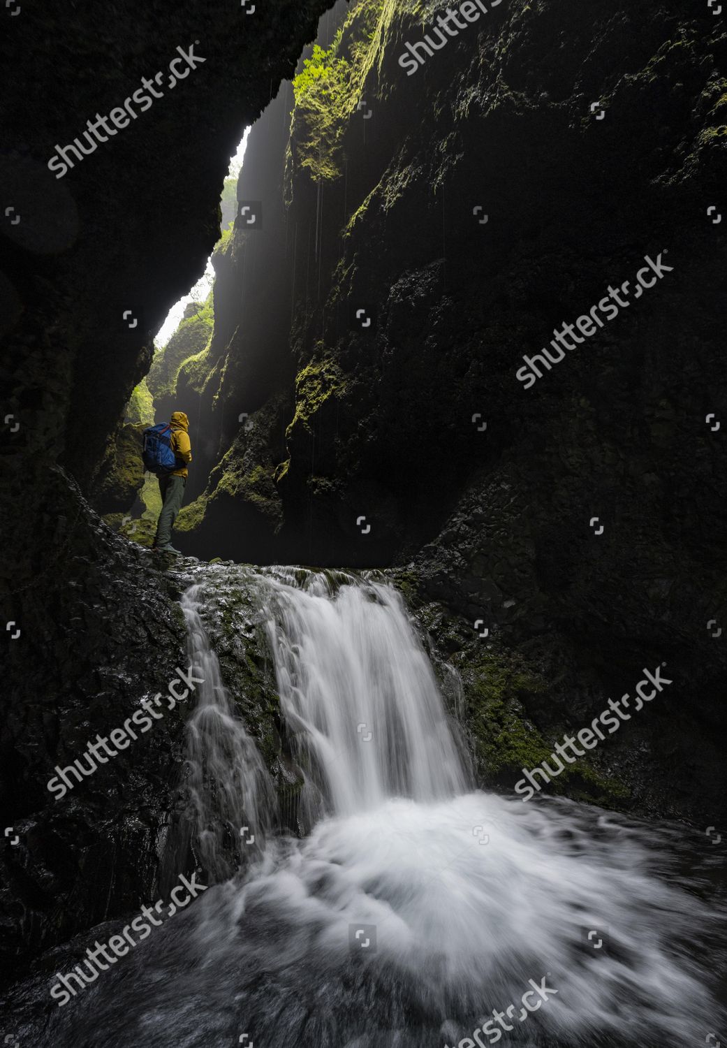Hikers Waterfall Mosscovered Gorge River Nauthusagil Editorial Stock ...