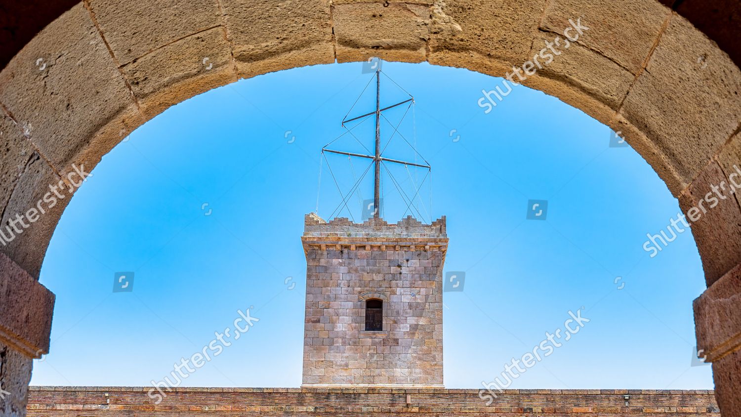 Montjuic Castle Fort Tower Framed Arched Editorial Stock Photo - Stock ...